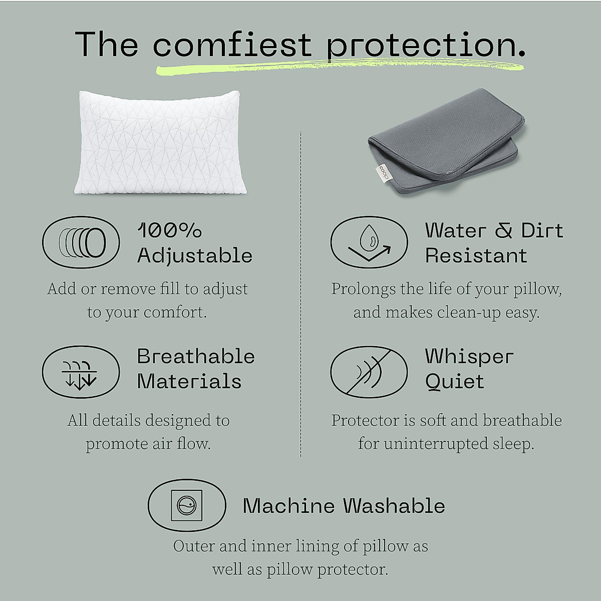 Coop Home Goods Original Adjustable Toddler Pillow and Ultra-Tech Waterproof Protector Grey Bundle, Breathable Mini Pillow for Kids with Adjustable Support and Premium Memory Foam