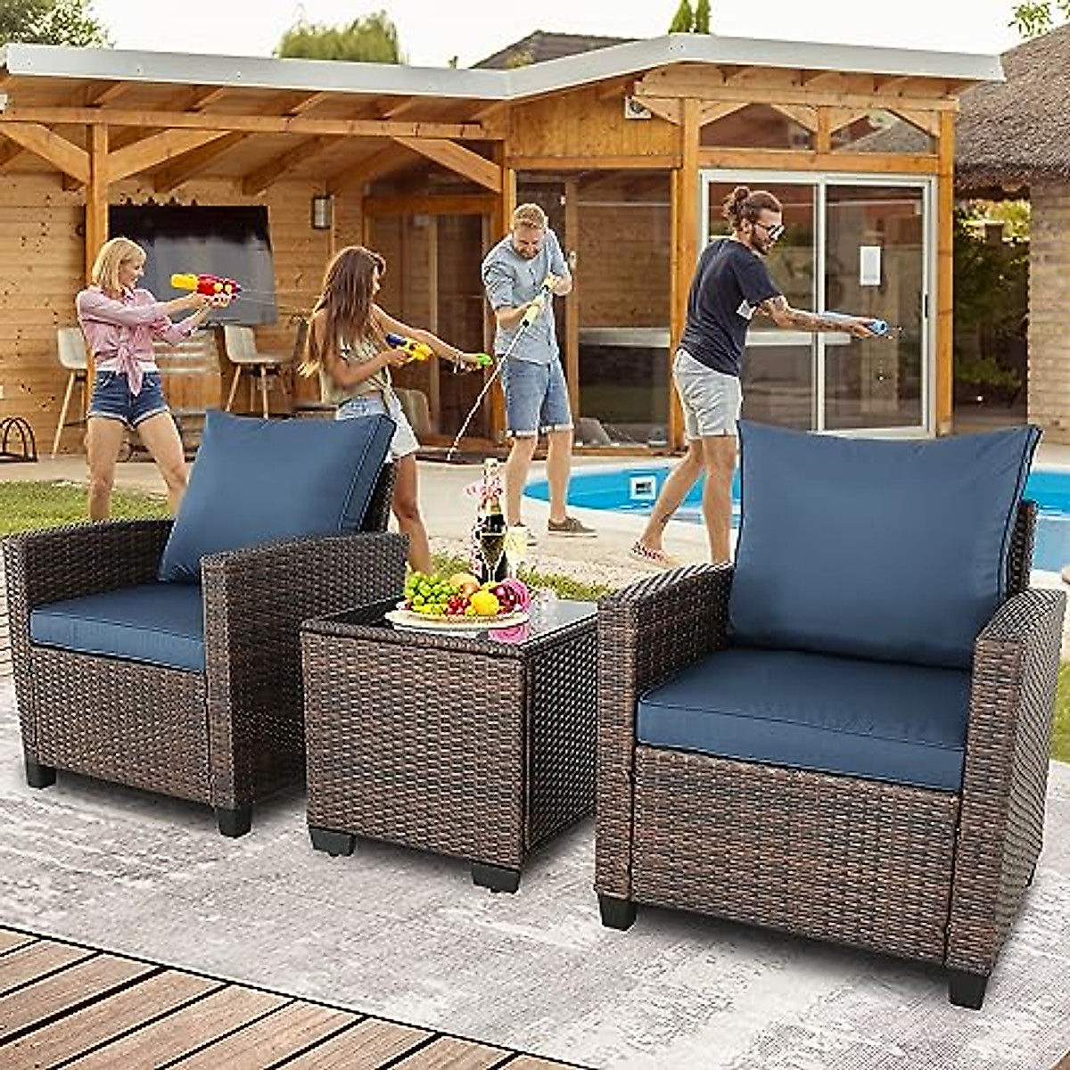 Furnimy 3 Pieces Patio Furniture Set Rattan Outdoor Sectional Conversation Sets 2 Single Chair w/Washable Cushion and Tempered Glass Tabletop for Balcony, Garden, Backyard(Brown+Navy Blue)
