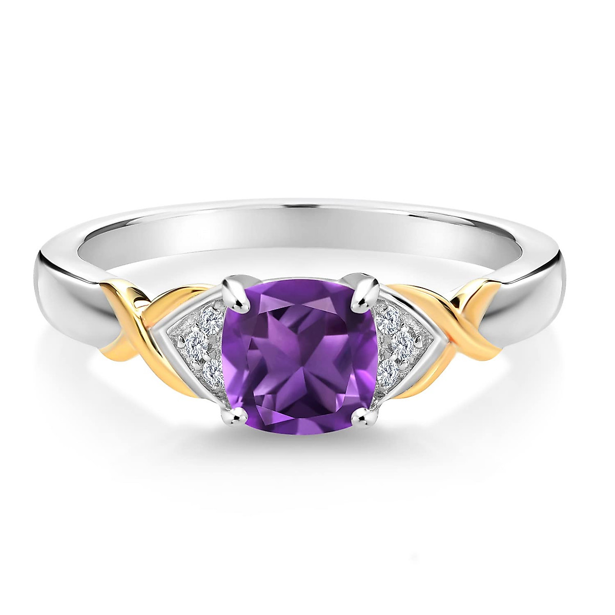 Gem Stone King 925 Sterling Silver and 10K Yellow Gold Purple Amethyst and White Lab Grown Diamond Engagement Ring For Women (1.00 Cttw, Cushion 6MM, Available In Size 5, 6, 7, 8, 9)