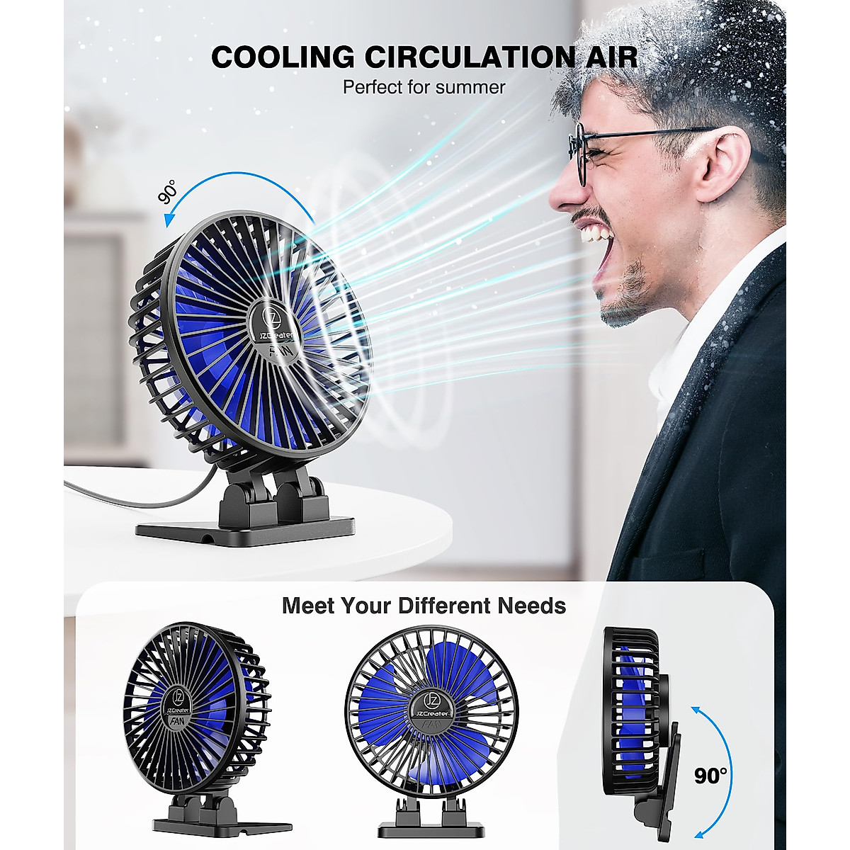 JZCreater USB Desk Fan, Mini Fan Portable, 3 Speeds Desktop Table Cooling Fan, Plug in Power Fan, Rotation Strong Wind, Quiet Personal Small Fan for Home Desktop Office Travel Bedroom, Black Blue