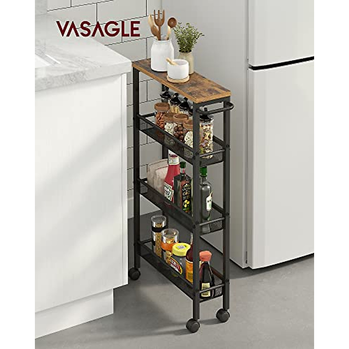 VASAGLE Slim Storage Cart, 4-Tier Rolling Cart Tower, Slide Out Cart with Handle Metal Mobile Shelving Unit for Kitchen Dining Living Room Office Narrow Places, Rustic Brown and Black ULRC032B01V1