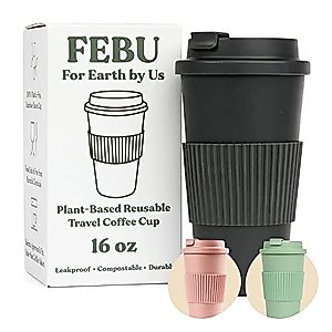 FEBU Plant-Based Reusable Coffee Cup with Lid and Sleeve | 16oz, Moon Black | Portable Travel Mug made from Bamboo | Dishwasher Safe, Compostable, Plastic Free with Leak-Proof Screw-on Lid