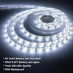 JUNWEN Battery Operated LED Strip Lights with Remote Daylight White, Timer, Dimmable, Waterproof, 13.2ft 240 LED Light Strip Suitable for Stairs, Wardrobe, Kitchen, Bedroom, Party, 2 Pack of 6.6ft.