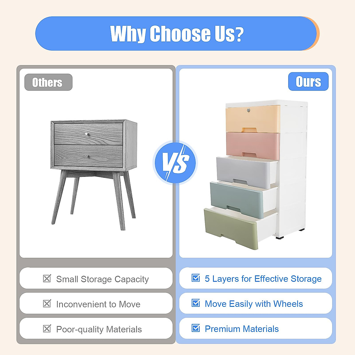 LUOSHALIYA 5-Drawer Storage Cabinet, Stackable Vertical Storage Tower with Key, Organizer Unit for Hallway Entryway, Storing Books, Office Supplies