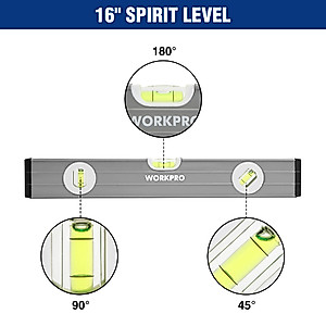 WORKPRO Torpedo Level, 3-Piece Spirit Level Set(9", 16", 24"), Magnetic, Bubbles Measuring, Clear,green
