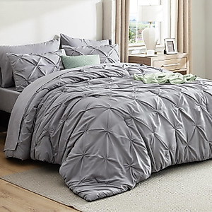 BEDSURE Queen Comforter Set - Bed in a Bag Queen 8 Pieces, Pintuck Bedding Sets Grey Bed Set with Comforters, Sheets & Skirt, Pillowcases & Shams