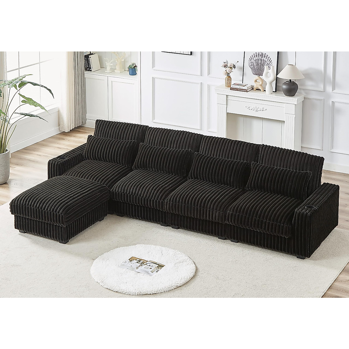 amervanito Corduroy Modular Sectional Couch with Chaise, Convertible L Shaped Sofa with Charging Port & Cup Holder, Oversized 4 Seat Modular Sofa for Living Room (Black)