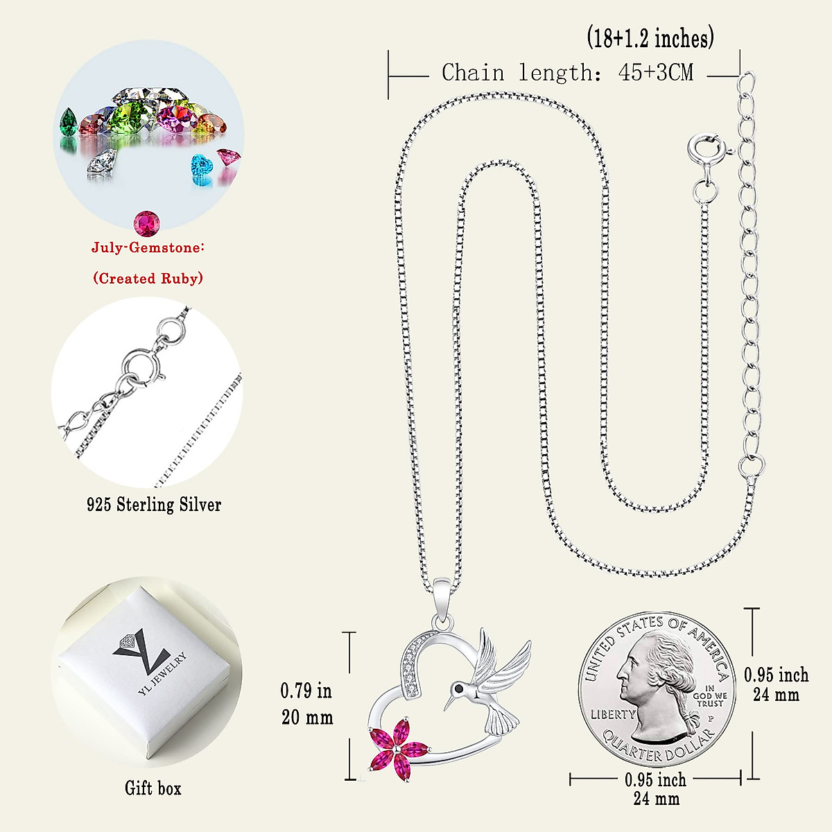 YL Hummingbird Necklace 925 Sterling Silver Heart Pendant Created Ruby Flower Jewelry for Women