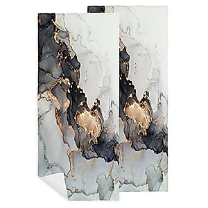 BrilliStar Marble Texture Hand Towels Black and Gold Silver Towel Set of 2 Small Bath Towels Soft Guest Face Towel Bathroom Decorations Thin Kitchen Tea Dish Towels 13.7"x29.5"