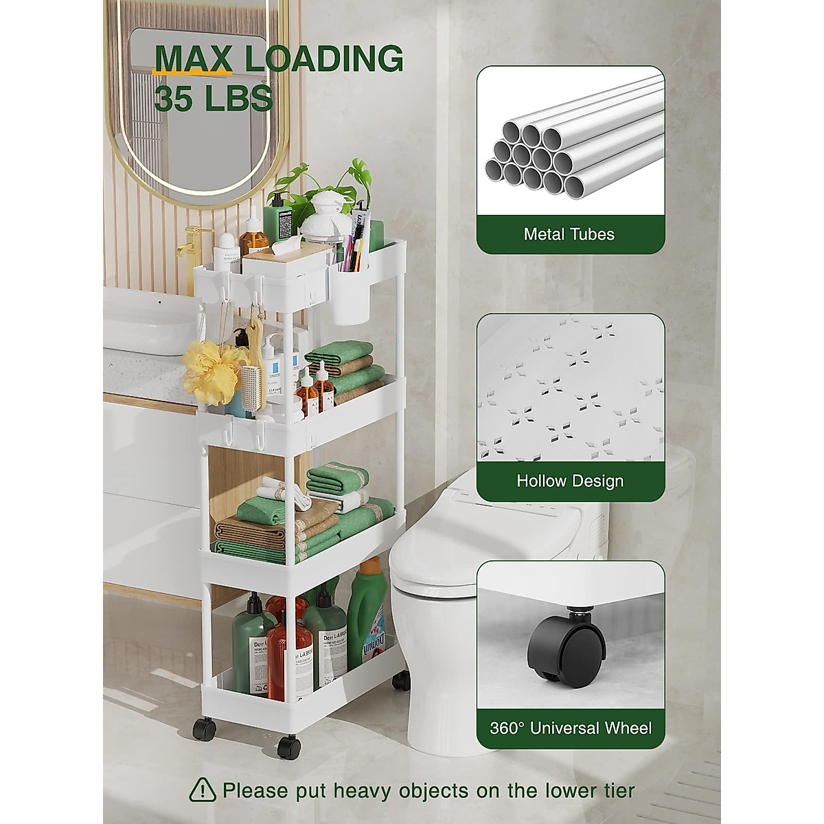 LEHOM Slim Rolling Storage Cart - 4 Tiers Bathroom Organizer Utility Cart Slide Out Storage Shelves Mobile Shelving Unit for Kitchen, Bedroom, Office, Laundry Room, Small Narrow Spaces (Pear White)