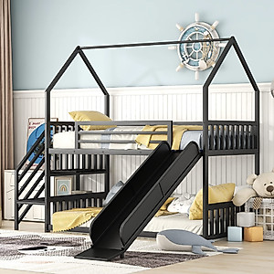 House Bunk Bed with Slide, Twin Over Twin Floor Bunk Bed with Storage Stairs, Metal Playhouse Bunk bed with Guardrail and Roof for Kids Boys Girls Teens, No Box Spring Needed, Black