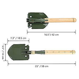 Mastiff Gears ® Wooden Handle Folding Survival Shovel w/Pick - Heavy Duty Carbon Steel Military Style Entrenching Tool for Off Road, Camping, Gardening, Beach, Digging Dirt, Sand, Mud & Snow
