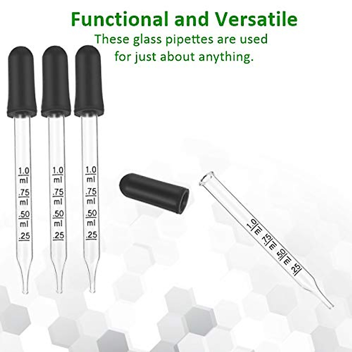 Pack of 12 Graduated 1ml, Glass Dropper with Black Suction Bulb, Medicine Eye Droppers 4" Straight Tip Calibrated for Essential Oils, Science Laboratory Medicine Art Liquid Plant Nutrients