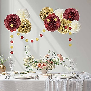 ANSOMO Burgundy and Gold Party Decorations Maroon Wine Dark Red Paper Fans Lanterns Tissue Pom Poms Wall Hanging Decor Supplies Bridal Baby Shower Birthday Wedding Graduation