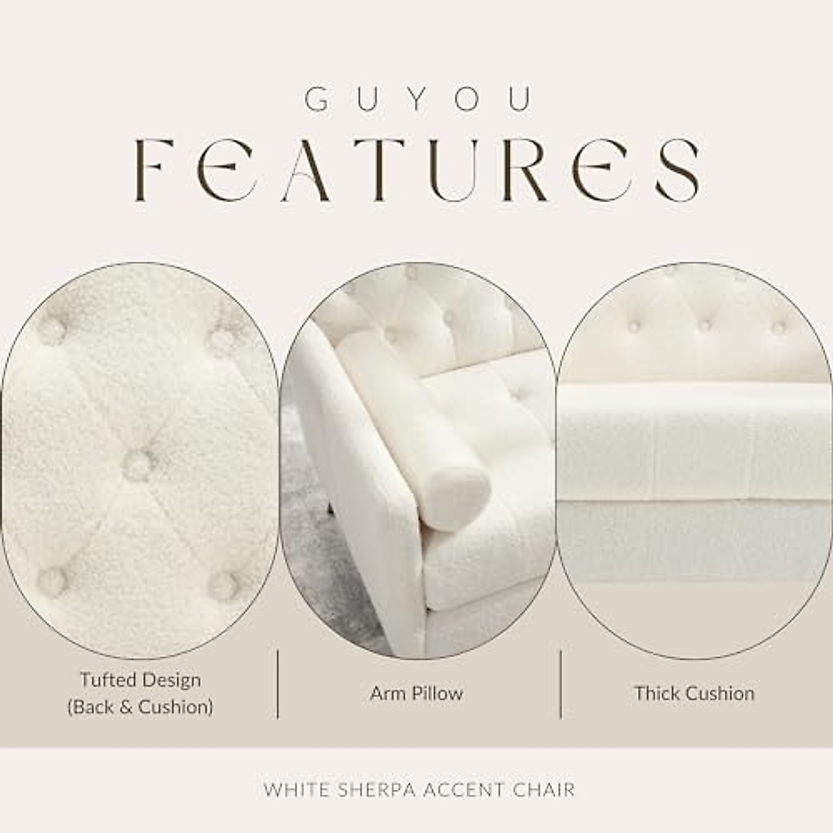 Guyou Modern Accent Chair, White Sherpa Upholstered Tufted Armchair Reading Chair Sofa Chair with Removable Cushion and Gold Legs for Living Room Bedroom Office Chatting Room