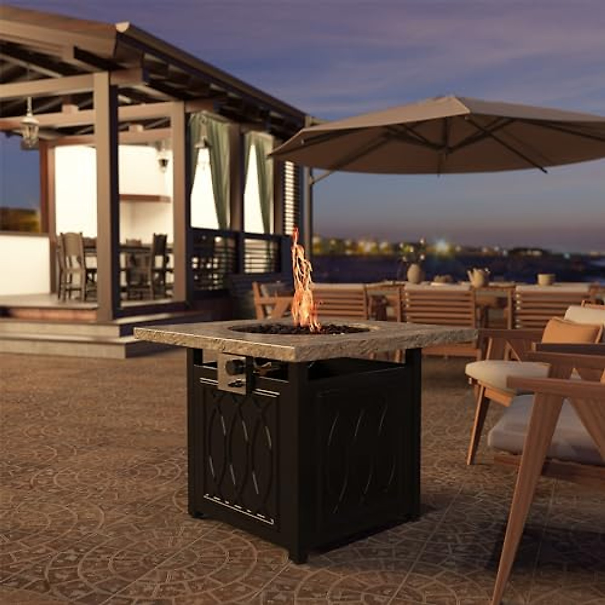 32in Fire Pit Table 50,000 BTU Square Propane Gas Firepit Table Gas Fire Table Auto Ignition Coffee Table with Waterproof Cover Lava Rocks for Outside Patio,Brown