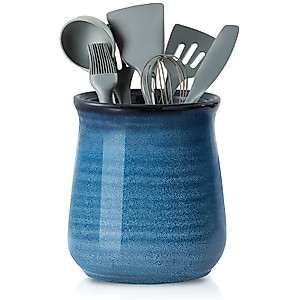 Hasense Extra Large Utensil Holder Crock for Kitchen Counter - 7.1” x 5.9” Vintage Farmhouse Blue Ceramic Caddy Utensil Organizer and Rustic Table Decor for Spatulas, Spoons, and Other Cooking Tools