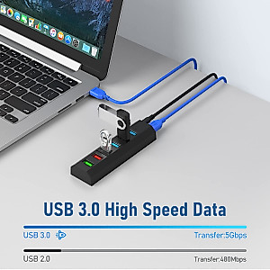 USB Hub, Aiibe 6 Ports Super High Speed USB 3.0 Hub Splitter + 24W Power Adapter + USB 3.0 Cable, Black Smart Fast Charger Powered USB Hub for Laptop, Mac, PC, Mobile HDD, Mulitple Devices