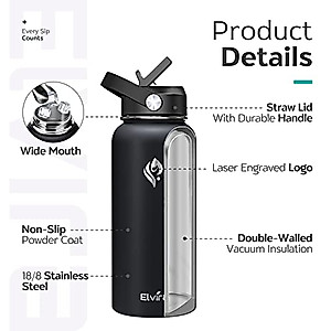Elvira 32oz Vacuum Insulated Stainless Steel Water Bottle with Straw & Spout Lids, Double Wall Sweat-proof BPA Free to Keep Beverages Cold For 24Hrs or Hot For 12Hrs-Black
