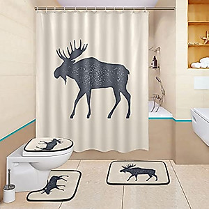 Oyihfvs Moose Wild Deer Silhouette Isolated 4 Pcs Shower Curtain with Matching Doormat Sets, Bath Curtain with Rugs(Bath Mat, U Shape Mat, Toilet Lid Cover Mat) with Hooks