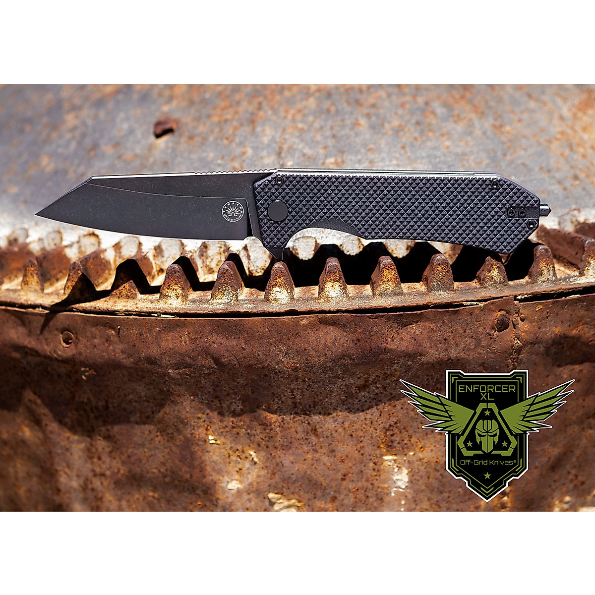 Off-Grid Knives - Enforcer XL Folding Knife w. 154CM Blade Steel, Tungsten Carbide Tip, Ceramic Bearings, Grippy G10, Oversized Handle, Deep Pocket Carry, Left & Right Hand