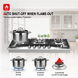 Gas Cooktop 30 Inch, GASLAND Chef 30'' Gas Stovetop, 5 Burners Gas Countertop, 41,300 BTU NG/LPG Convertible, 3.9 ft Cord Plug, 5 Italy Sabaf Sealed Burner, Auto Ignition, Thermocouple Protection