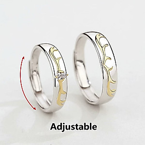 hohrayway S925 Sterling Silver Deer Antlers Ring for Couples Promise Wedding Rings His and Her Matching Rings Set Adjustable Rings Custom Engrave Rings