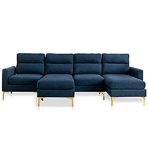 URRED Sectional Sofa Couch, 4 Seat U-Shaped Sofa Set for Living Room,Velvet Fabric Convertible Modular Sofa Sleeper with Double Chaise/Oversized Seats/Comfortable Backrest, Blue