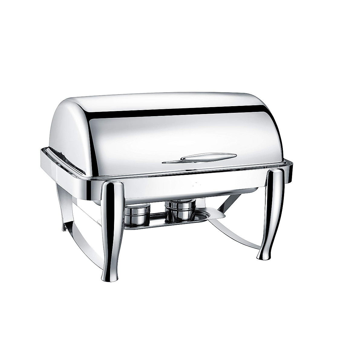 CHEFQ Virtuosa Stainless Steel Oblong 8QT Chafer, Roll-top Set Includes Food Pan, Water Pan and Fuel Holders – Durable, shiny silver, keeps food warm in catered events + CHEFS APRON