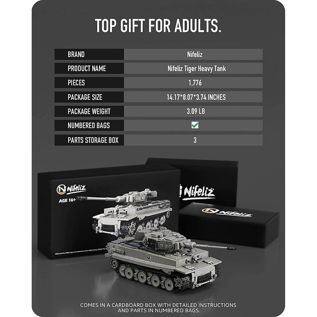 Nifeliz Tiger Heavy Tank, WW2 Armed Tank Building Set, Military Construction Model Toy for Teen Gift Giving (1776 Pieces)
