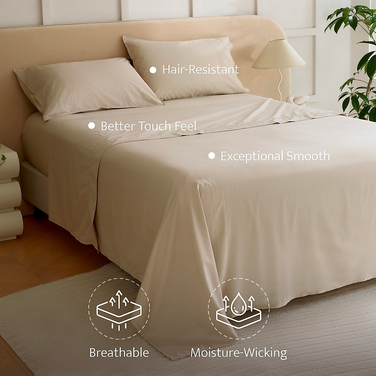 Double Stitch by Bedsure Cotton Tencel™ Lyocell Percale Duvet Cover and Fitted Sheet Bundle, 1 Cotton Tencel Lyocell Duvet Cover Set, 1 Cotton Tencel Lyocell Queen Fitted Sheet, King, Sandstone