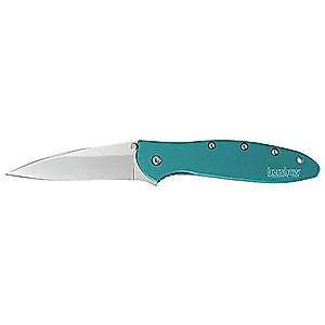 Kershaw Leek, Teal Pocket Knife (1660TEAL); 3” Bead-Blasted High-Performance Sandvik 14C28N Steel Blade, Teal Anodized Aluminum Handle, SpeedSafe Assisted Opening, Liner Lock, Tip-Lock Slider; 2.4 OZ
