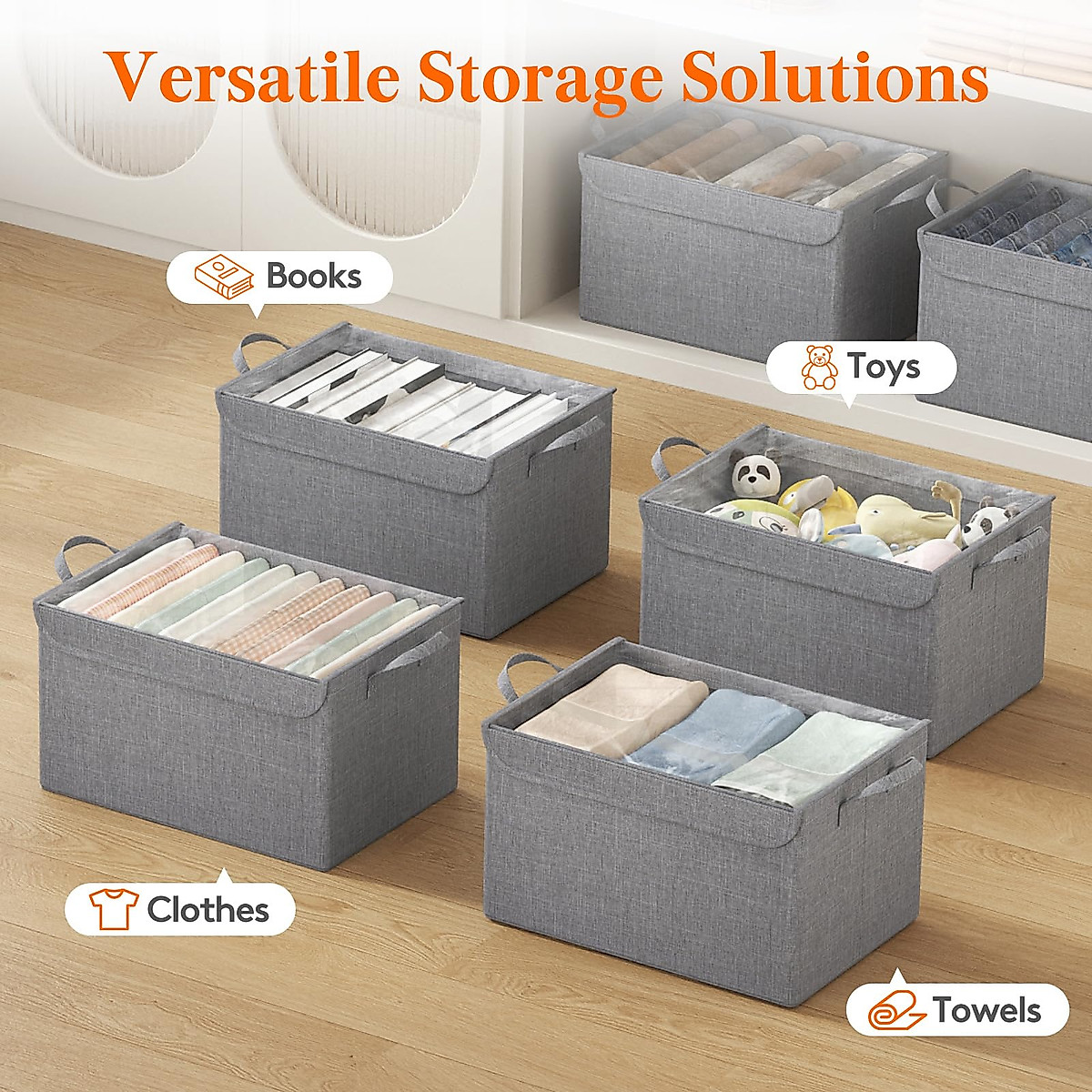 Lifewit Fabric Storage Boxes 6 Pcs, Stackable Storage Bins with Clear Lids, Foldable Oxford Cloth Cube Closet Organizer Baskets, Clothes Containers for Towels, Blankets, Books, Light Grey-Large