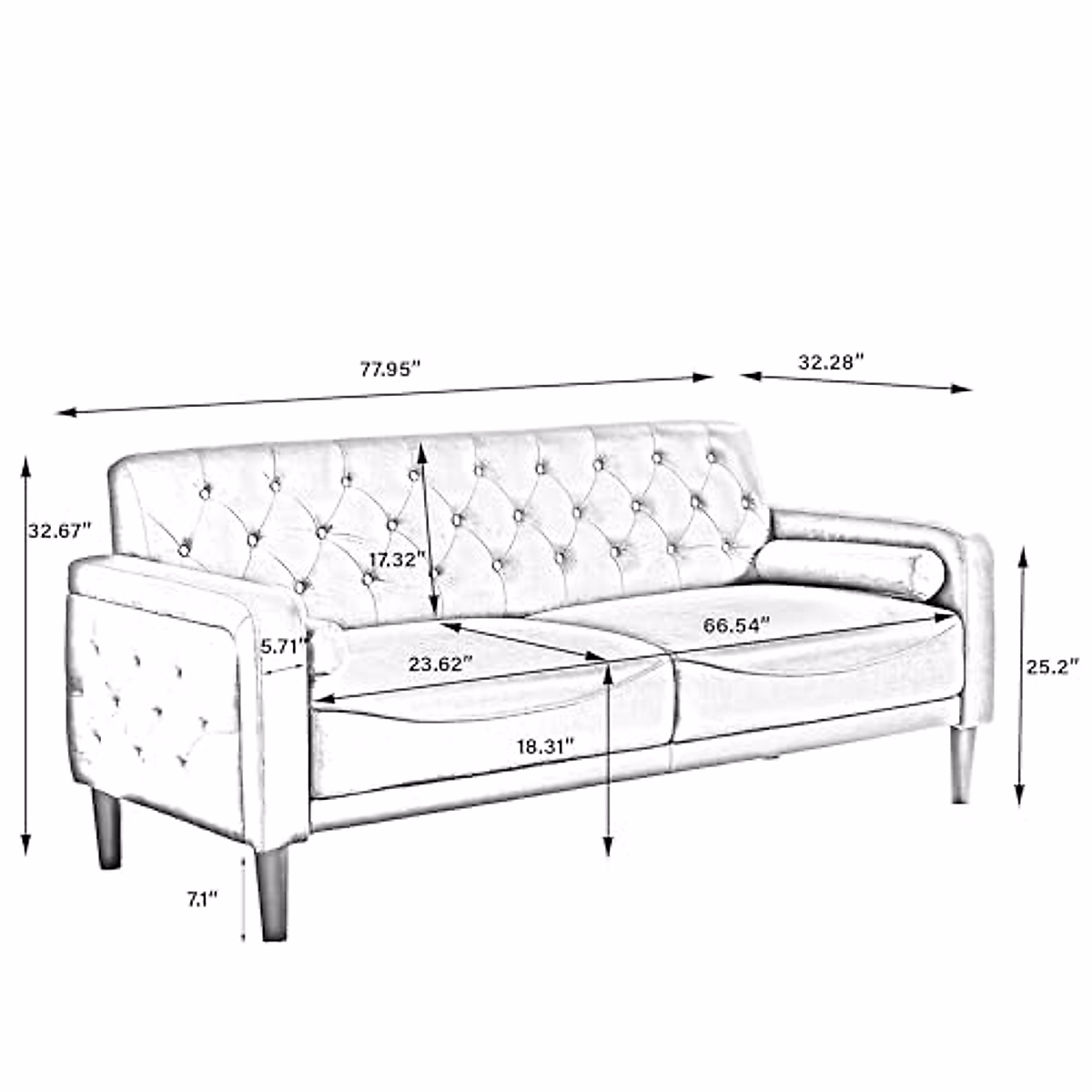 Lunanniu 78 Inch Vegan Leather Sofa Faux Leather Couches Loveseat Button Tufted Back Mid Century Modern 2 Bolster Pillows Solid Wood Frame and Legs 2 Seat Love Seat for Living Room Brown