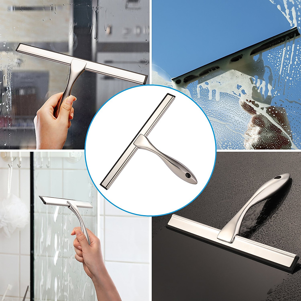 HIWARE All-Purpose Shower Squeegee for Shower Doors, Bathroom, Window and Car Glass - Stainless Steel, 10 Inches