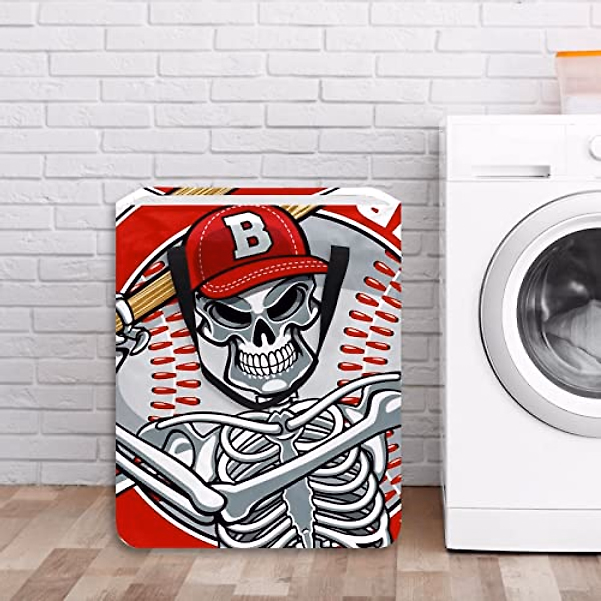 Human Skeleton Playing Baseball Print Collapsible Laundry Hamper, 60L Waterproof Laundry Baskets Washing Bin Clothes Toys Storage for Dorm Bathroom Bedroom