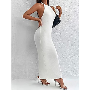 SheIn Women's Twist Back Split Bodycon Maxi Dress Sleeveless Backless Halter Long Dresses White Petite Small