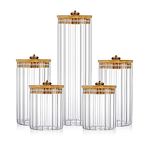 Glass Storage Jars Set of 5, Decorative Coffee Bar Container with Airtight Bamboo Lid Metal Ring for Home Kitchen Storing Candy, Cookie, Pasta, Nuts, Oatmeal and Bathroom Salt