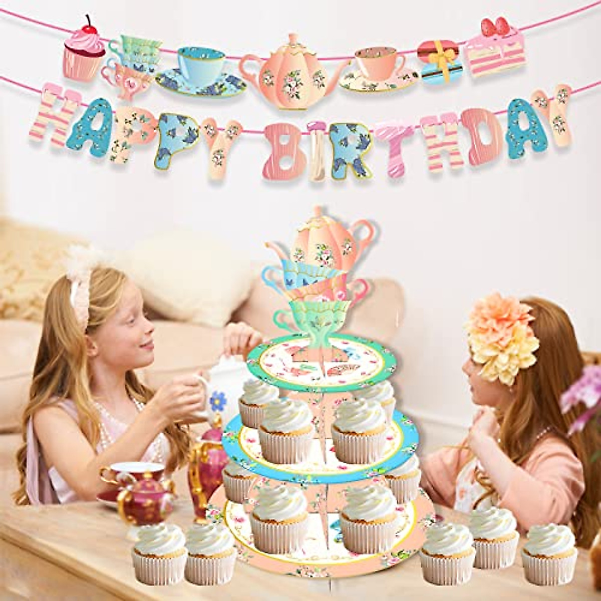 CC HOME Tea Party Cupcake Stand 3 Tier Tea Party Party Supplies Cake Stand for Kids Birthday Party Decorations Tea Party Theme Party Baby Shower Birthday Party Supplies