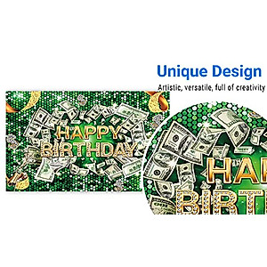 Funnytree 70.8" x 43.3" Money Birthday Backdrop Green Happy Birthday Party Banner Glitter Diamond Luxury Champagne Background Supplies Cake Table Decor Gifts Photobooth Props