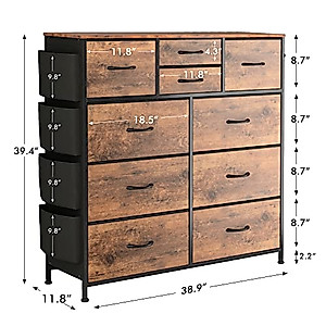 Lulive 10 Drawer Dresser, Chest of Drawers for Bedroom with Side Pockets and Hooks, Fabric Storage Dresser, Sturdy Steel Frame, Wood Top, Organizer Unit for Nursery, Hallway, Closet (Rustic Brown)