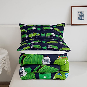 Feelyou Garbage Trucks Comforter Set Queen Size Kids Cartoon Car Comforter for Boys Teens Rubbish Car Bedding Set Vehicles Blue Green Duvet Set Room Decor Quilt Boys