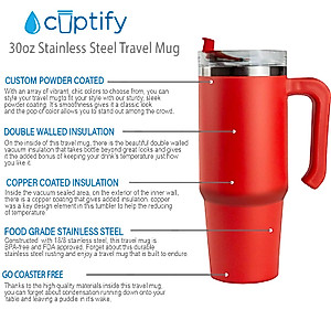 Personalized 30 oz Travel Mug - Elaborate Circle Monogram - Red Custom Engraved Cup with Handle Vacuum Insulated Tumbler Birthday Gift for Women, Men, Beer and Drinks