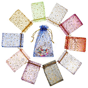 KALIONE 50 Pcs Organza Drawstring Bags 4x6 inch Mesh Bags Drawstring Organza Bags Gift Bag Gold Jewelry Bags, Mixed Color Gift Bag Reusable Favor Bags for Wedding Gift Party Candy Christmas(10 Colors)