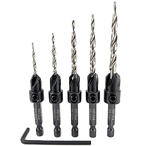 FTG USA Adjustable Wood Countersink Drill Bit Set 5 Pc Countersink Drill Bit #4#6#8#10#12 Tapered Drill Bits for Woodworking