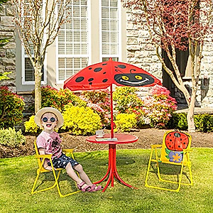 Outsunny Kids Table and Chair Set, Outdoor Folding Garden Furniture, Picnic Table for Patio Backyard, with Ladybug Pattern, Removable & Height Adjustable Sun Umbrella, Aged 3-6 Years Old, Red