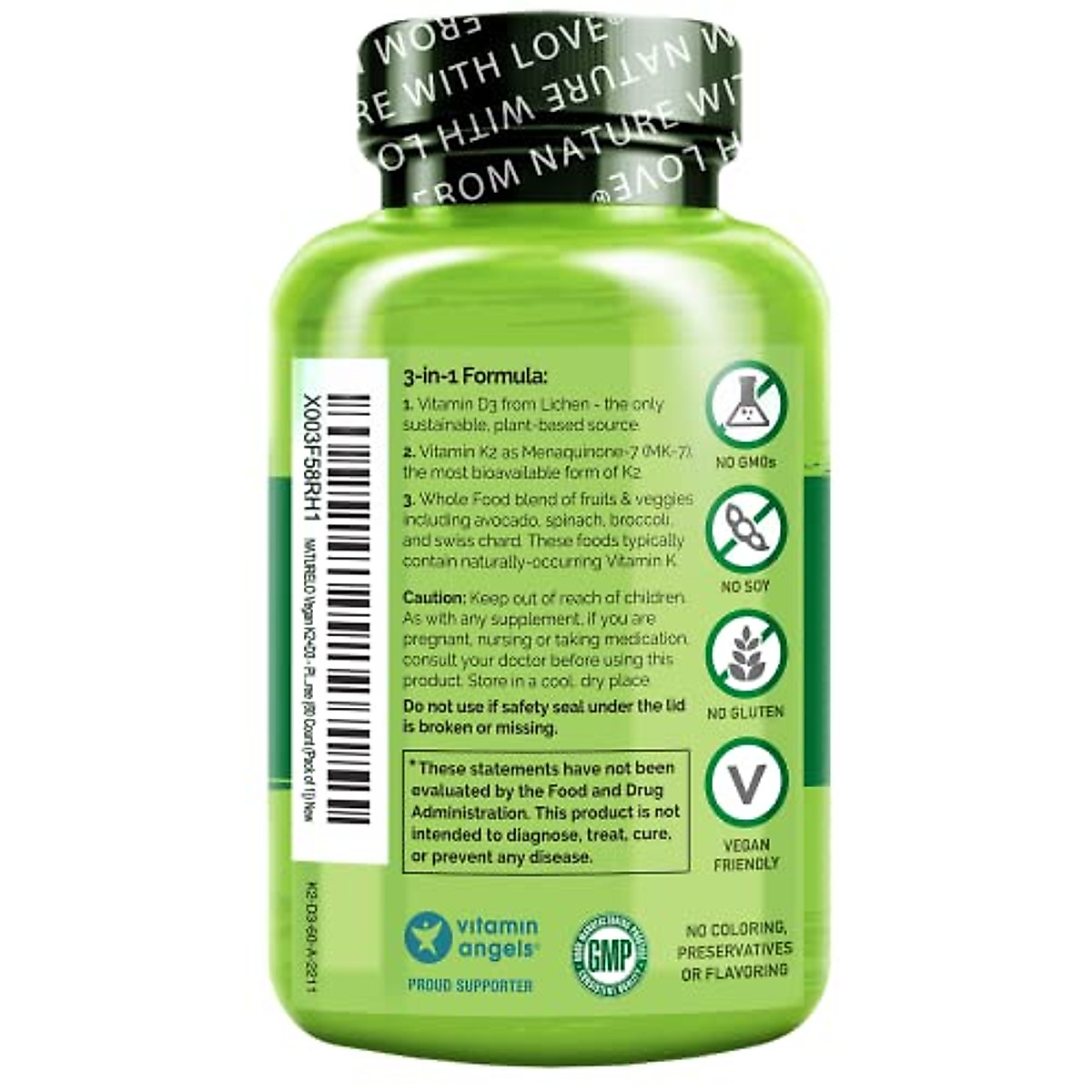 NATURELO Vegan K2+D3 - Plant Based D3 from Lichen - Natural D3 Supplement for Immune System, Bone Support, Joint Health - Whole Food - Vegan - Non-GMO - Gluten Free (60 Count (Pack of 1))