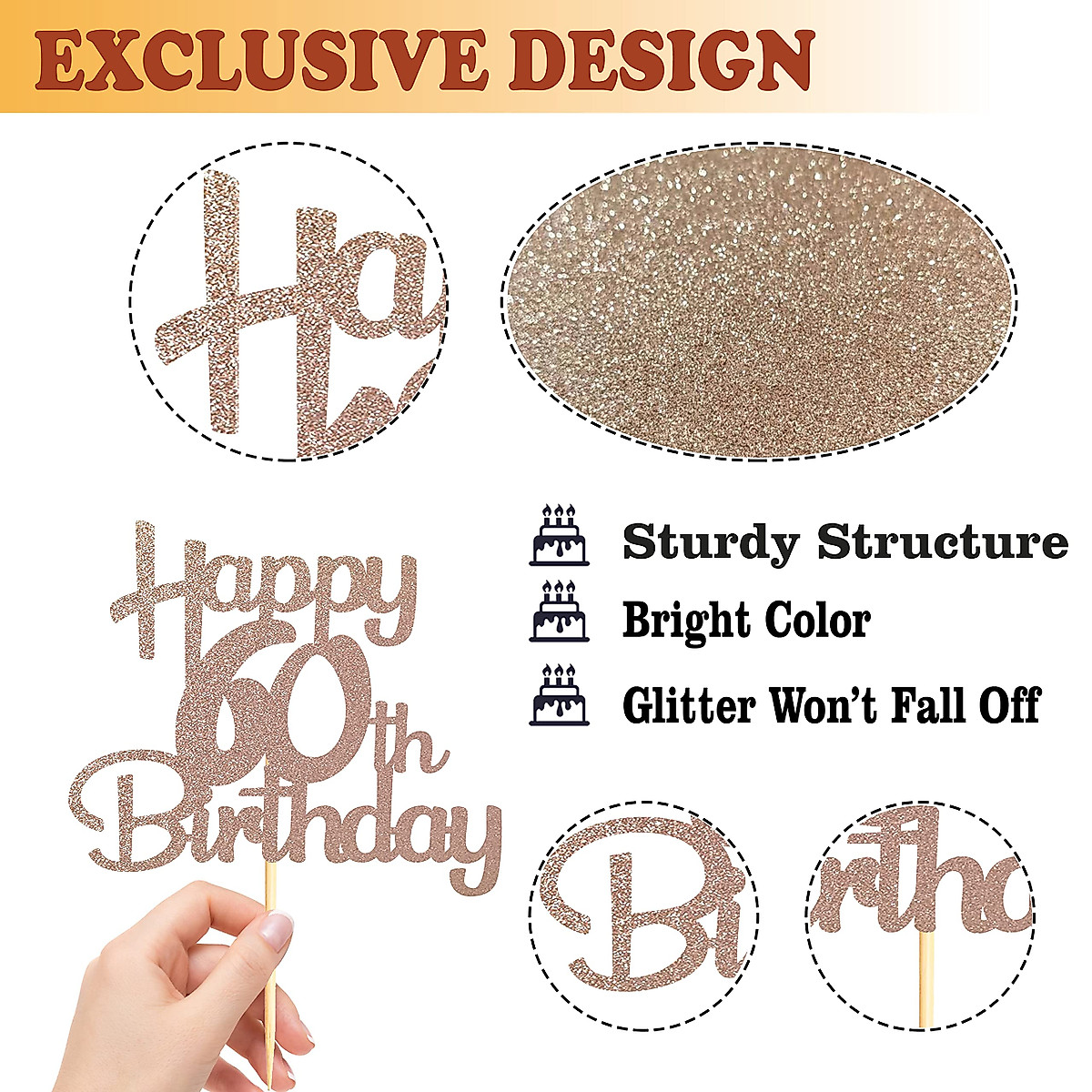 Sotpot Happy 60th Birthday Cake Topper Rose Gold Glitter 60th Cake Toppers 60 Birthday Cake Decorations Cheers to 60 Fabulous Party Cake Picks - 1 Pack