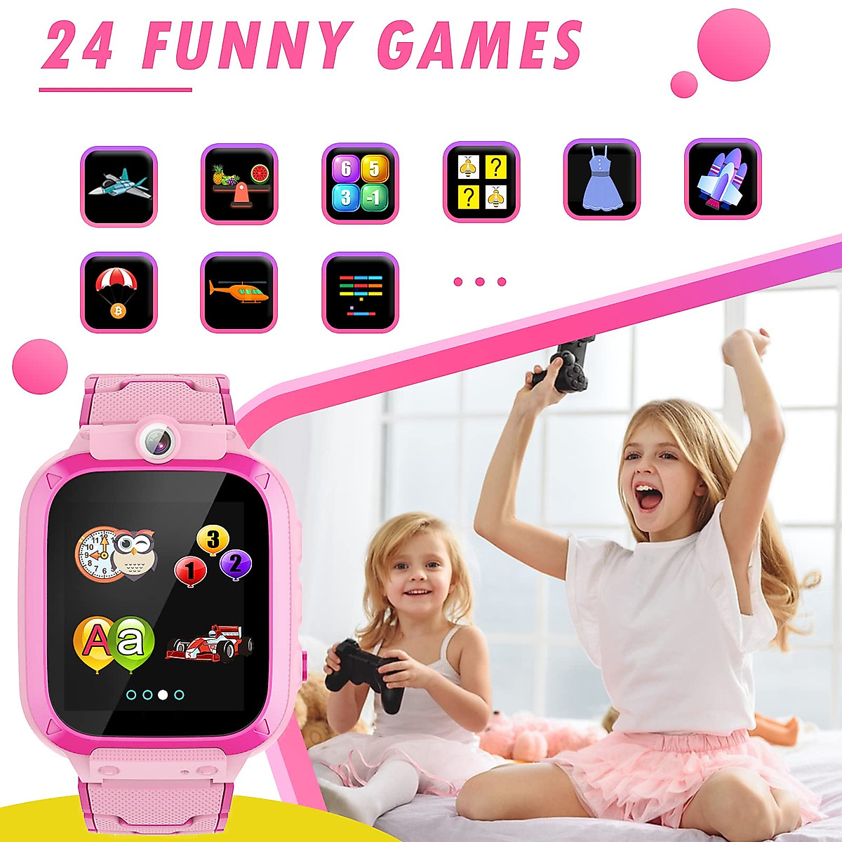 Kids Smart Watch for Toys for 3-10 Year Old Girls, 1.44" HD Touch Screen with 24 Puzzle Games Music Player Dual Camera 12/24 hr Pedometer Flashlight Birthday Gift for Age 5 6 7 8