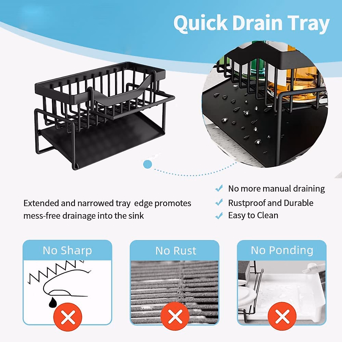 DMJWAN Kitchen Sink Caddy Organizer, 304 Stainless Steel Sponge Holder Sink Caddy with Auto Drain Tray, Holds Sponge, Dish Soap Dispenser, Cleaning Towel, Scrubber, and Utensils